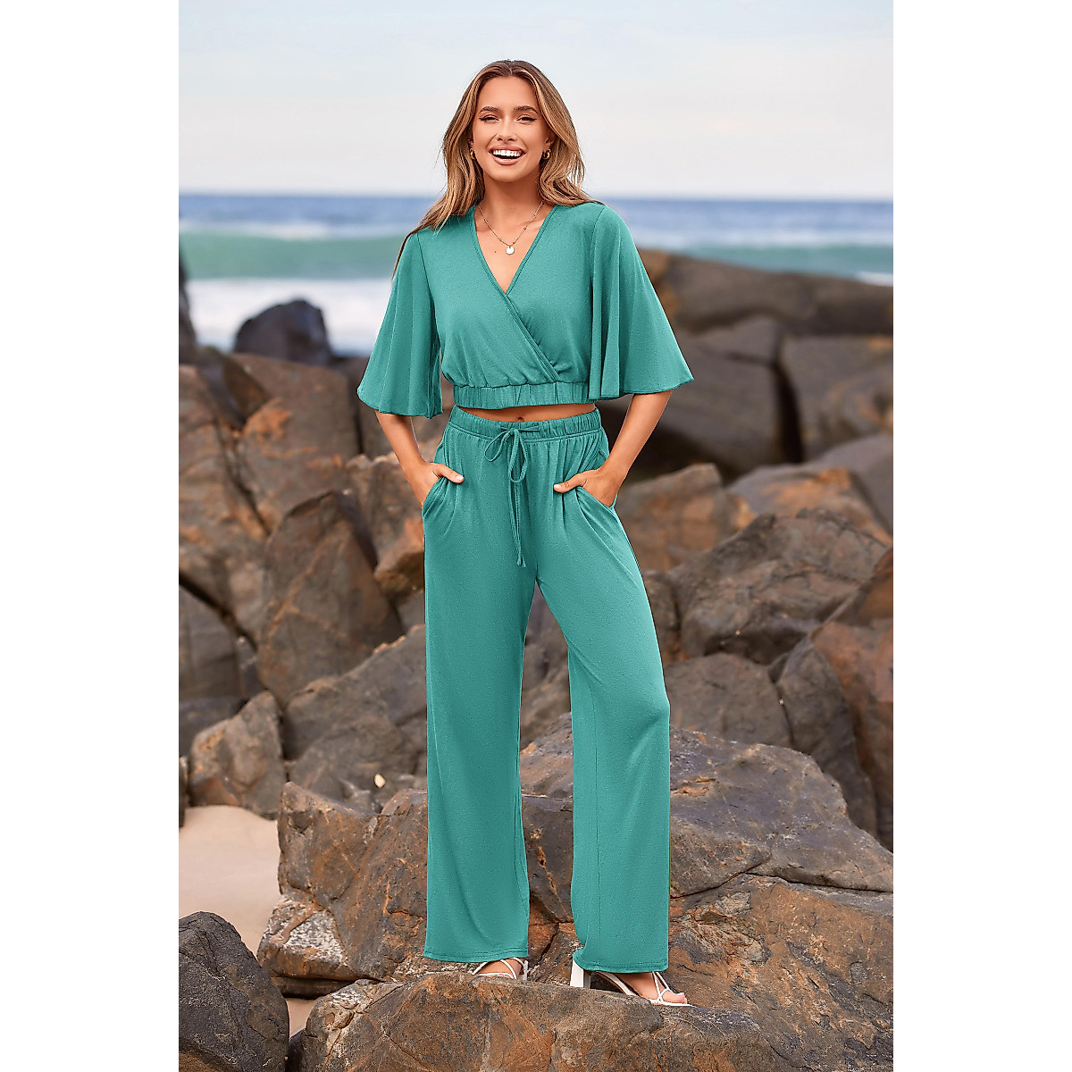 PRETTYGARDEN 2 Piece Outfits for Women 2024 Summer Short Sleeve Wrap V Neck Crop Tops Wide Leg Pants Set (Bean Green,Medium)