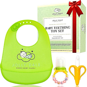 Jolly Dale Baby Teething & Feeding Set with Silicone Baby Bucket Bib, Baby Banana Teether & Baby Mesh Food Feeder Pacifier - Soft, Food-Grade Silicone - Perfect Teether Kit for Babies & Toddlers
