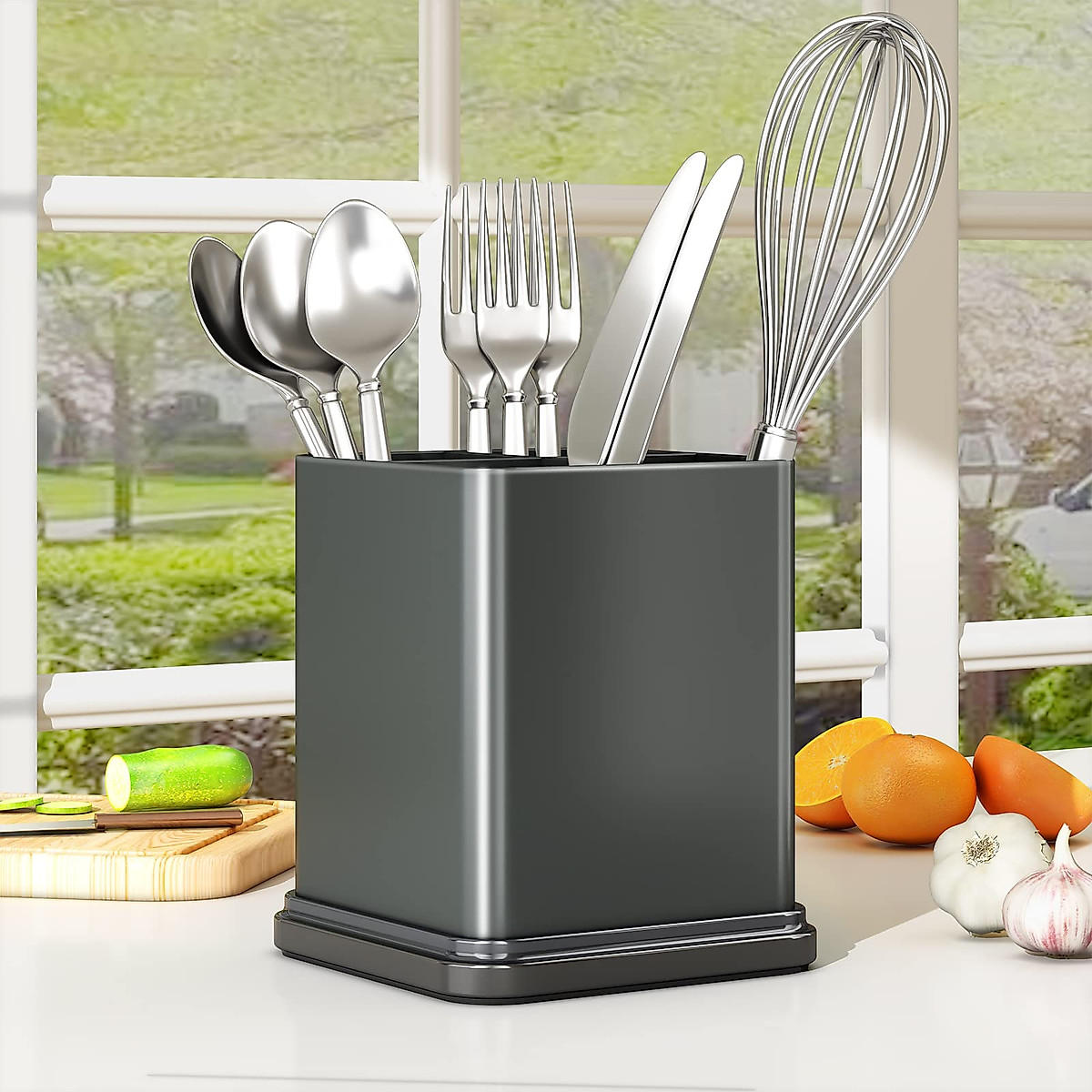 Utensil Holder, Paroson Aluminum Kitchen Utensil Holder with 4 Compartments,Silverware Holder Perfect for Kitchen Spatula Spoon,Cutlery,Utensil Organize（Dark Grey）