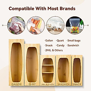 Art Secret Food Storage Bag Organizer Holder, Bamboo Storage Dispenser, Sandwich Bag Organizer for Gallon, Quart, Sandwich, Snack Variety Size Bag - Set of 5