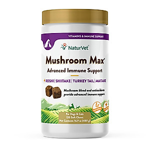 NaturVet Mushroom Max Advanced Immune Support Dog Supplement – Helps Strengthen Immunity, Overall Health for Dogs – Includes Shitake Mushrooms, Reishi, Turkey Tail – 120 Ct.