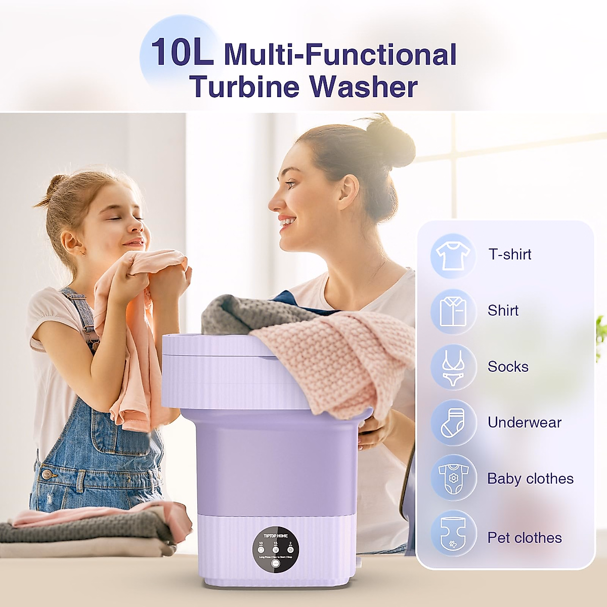 Portable Washing Machine, 10L Foldable Washer Machine, 3 Modes Deep Clean Small Item Baby Clothes Pet Supplies Underwears Socks Towels Suitable for Apartment Laundry Camping Travel
