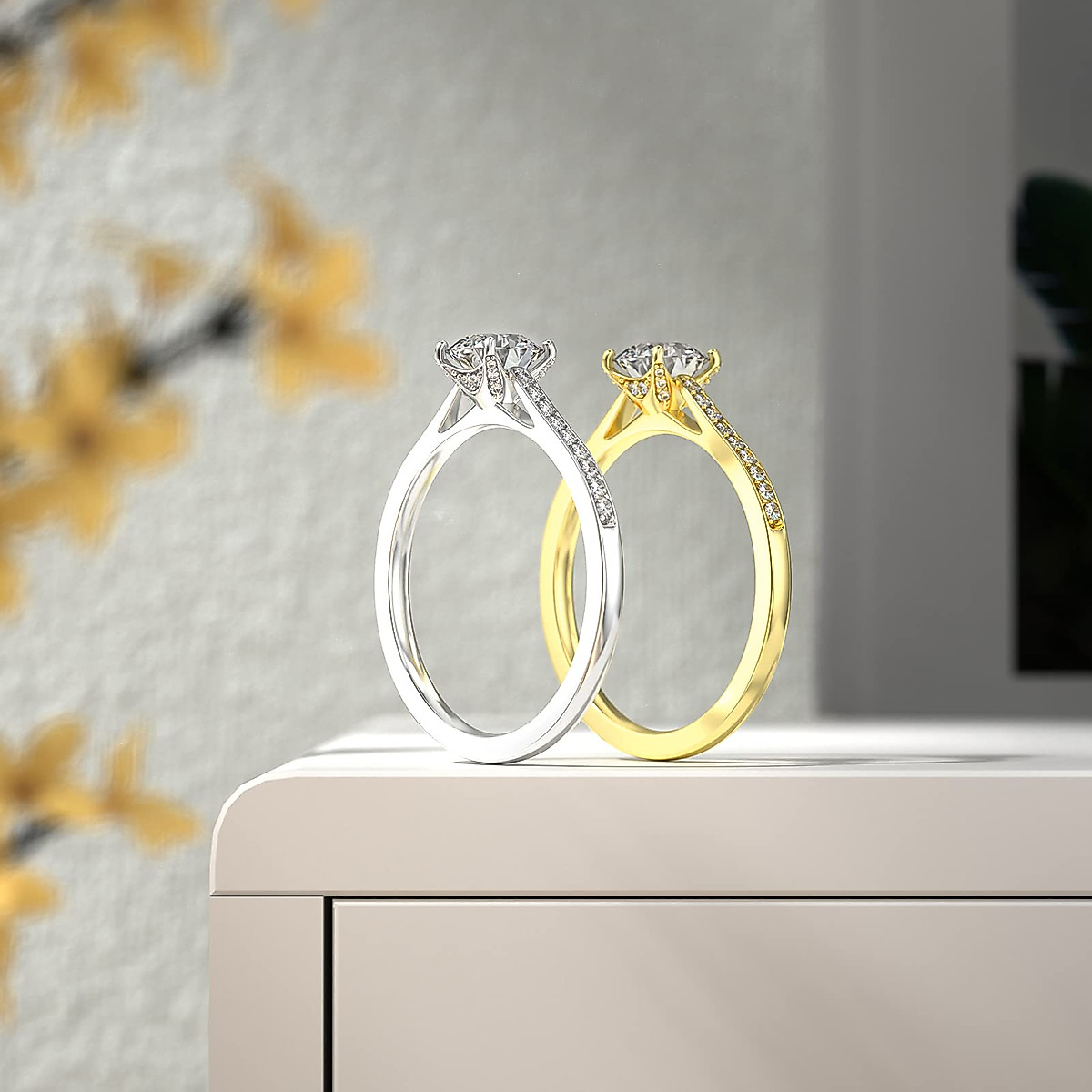 JINAO 1.0 Carat Classical Moissanite Iced Out Prong Ring Platinum Plated Sterling Silver Round Cut Solitaire Ring Engagement Promise Wedding Eternity Band for Women(Platinum,7)