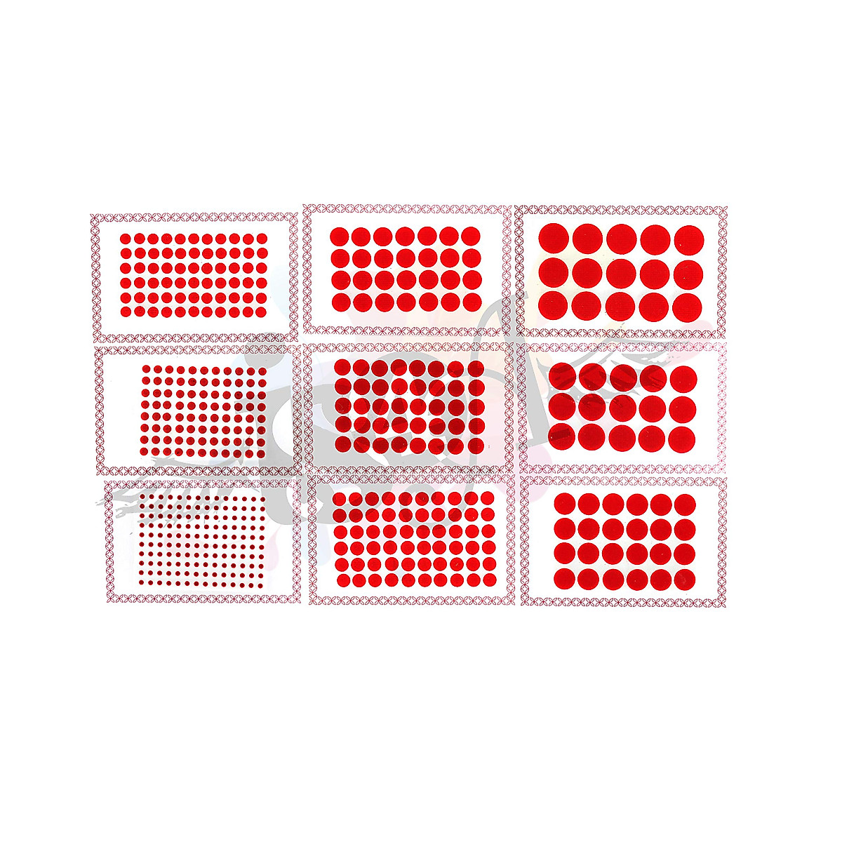 IS4A 447 Multicolored Bollywood Forehead Stickers Adhesive Body Jewelry 9 Cards of Different Sized Tattoo Velvet Bindi Round Dot (RED)