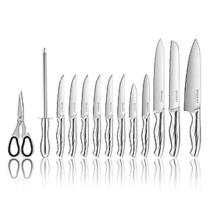 Premium Chef Knife Sets,14-Piece Kitchen Knives with Acrylic Stand, Full Tang Designed, High Carbon Stainless Steel Cutlery With Knife Sharpener & 6 Steak Knives, Ergonomic Handle & Gifted Box(Silver)