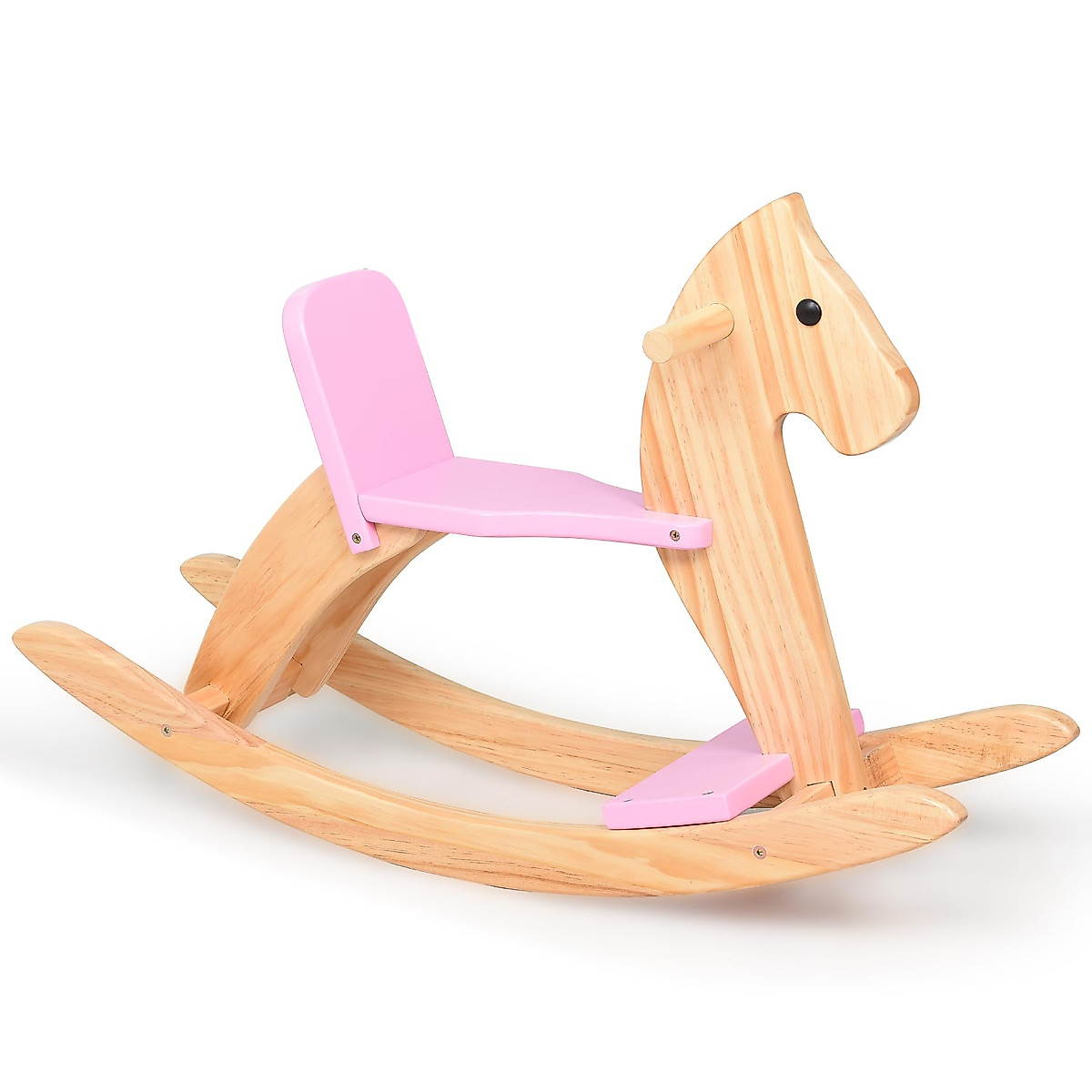 KRAND Wooden Rocking Horse Baby Ride On Toy for Toddler Rocking Horse Classic Design with Pedal and Safe backrest for Toddlers (Pink)