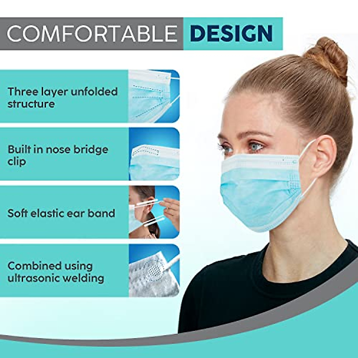 Disposable Face Masks/ 3Ply Safety Face Masks- 50PCS - 3 Layers Blue Protective Face Mask For Daily Use, Breathable Facemasks, Anti-Dust Disposable Mask with Earloop for Personal Care