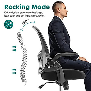Office Chair - Ergonomic Flip-up Arm Home Office Computer Swivel Task Chair with Lumbar Support, Wide Seat, Thickened Cushion, Widened Backrest, Storage Back Basket