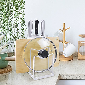 Qflushor Knife Block Holder, Pot Lid Organizer, Cutting Board Organizer, Cookware Bakeware Organizer for Kitchen Countertop, Cabinet, Pantry, Metal, White