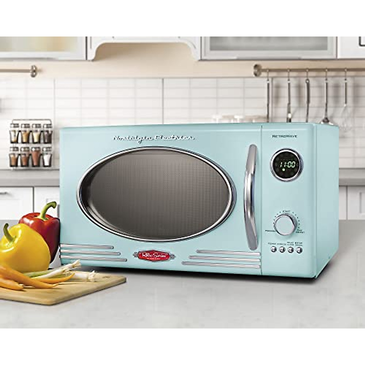 Nostalgia Retro Countertop Microwave Oven, 0.9 Cu. Ft. 800-Watts with LED Digital Display, Child Lock, Easy Clean Interior, Aqua & Retro Wide 2-Slice Toaster, Vintage Design With Crumb Tray, Aqua