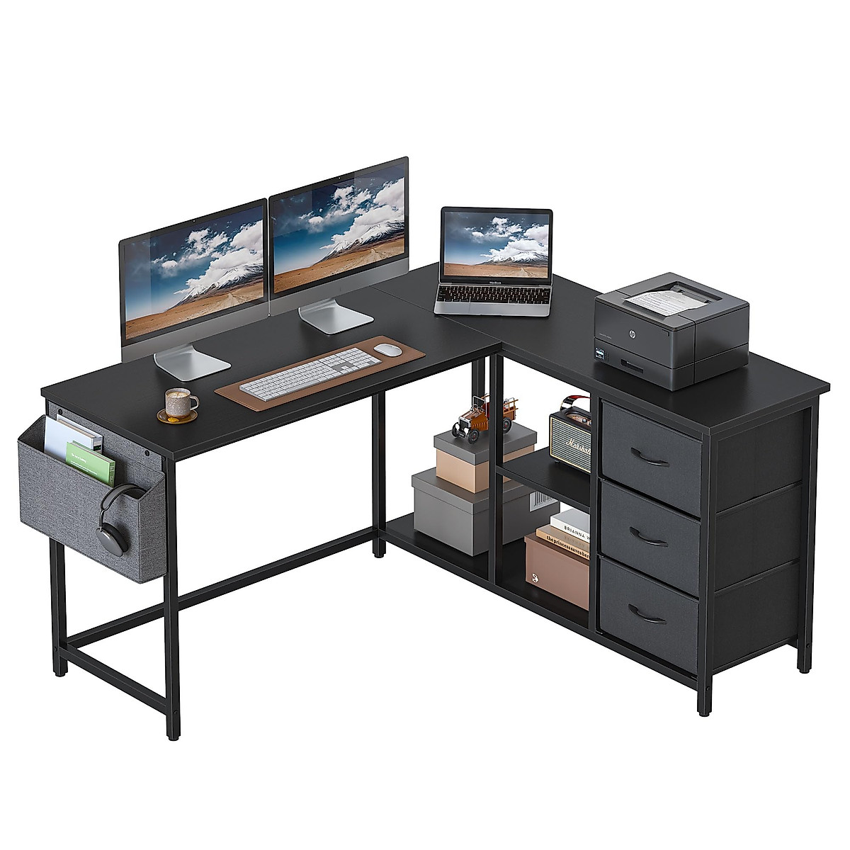 Treesland L-Shaped Desk with Storage & Shelves, Modern Black Computer Desk for Gaming Office, 22 x 4 x 49.7 Inches
