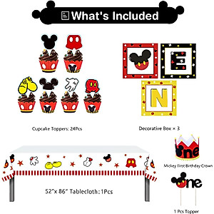 PYCALOW Mickey 1st Birthday Party Supplies - Mickey Theme Mouse Party Decorations Include Backdrop, Balloon Garland Arch, Welcome Sign Door Hanger, Banner, Crown, Balloon Box, Cake Toppers