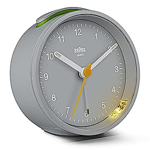 Braun Classic Analogue Alarm Clock with Snooze and Light, Quiet Quartz Movement, Crescendo Beep Alarm in Grey, Model BC12G.