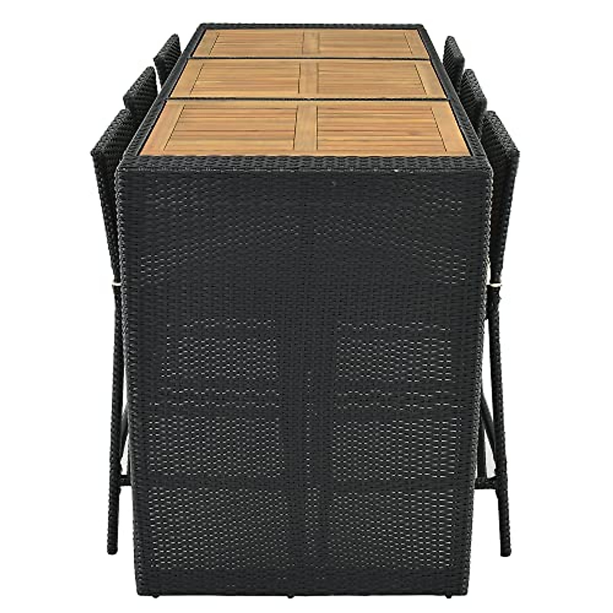 Outdoor Patio 7-Piece Rattan Dining Table Set, PE Wicker Bar Furniture Set with Wood Tabletop and 6 Dining Chairs for Backyard, Garden(Black2-7PCS)