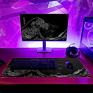 Japanese Sea Wave Gaming Mouse Pad 31.5x11.8 Inch Anime Black Mouse Pad Big Kanagawa Large Mousepad Extended Non-Slip Rubber Base Waterproof Big Keyboard Mat with Stitched Edges for Gaming and Office