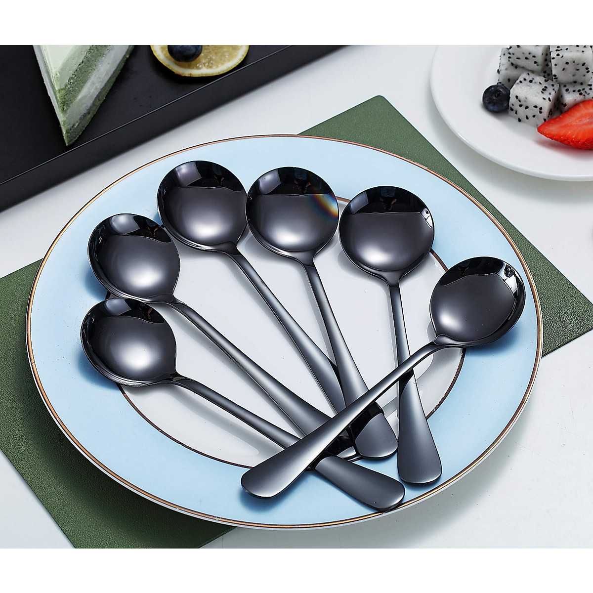 Black Soup Spoons, Kyraton 6 Pieces Stainless Steel Round Spoons With Black Titanium Plating, Black Dinner Spoon Table Spoon, Spoons Silverware Dishwasher Safe Set of 6