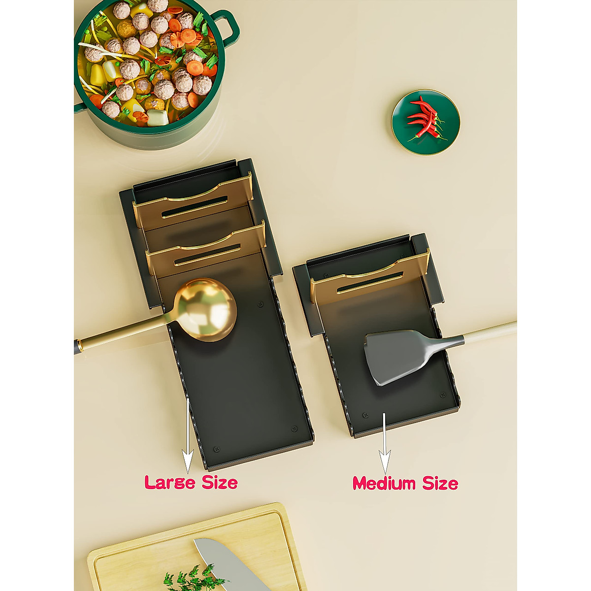 Dr.DJ Metal Spoon Rest Pot Lids Holder Heavy Duty Pot Pan Lid Organizer Stand, Cutting Board Rack Chopping Board Organizer Stand Spoon Rest w Drip Tray Kitchen Countertop, Stainless (Black)