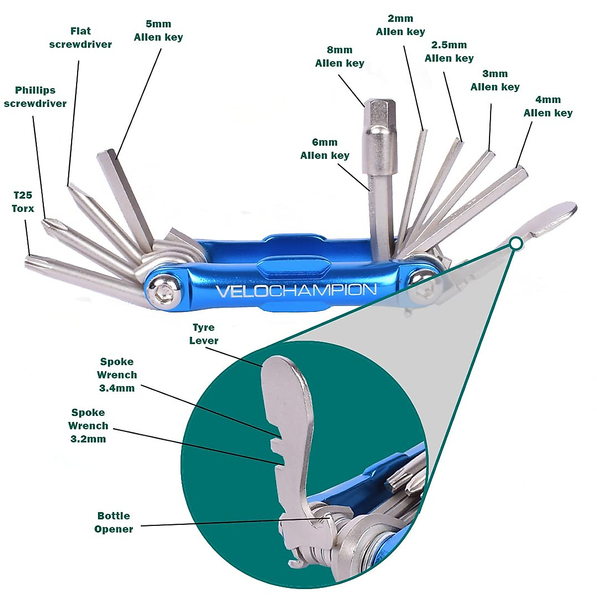 VeloChampion 14 in 1 Blue Multifunctional Bike Repair Cycling Multitool with Storage Case. Compact, Portable and Built to Last