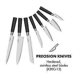 KLARSTEIN Kitano - 8 Piece Professional Chef Kitchen Knives Set with Block, Stainless Steel Blades, Anti-Slip Handles, Japanese Design, Touch of Far East - Piano Black