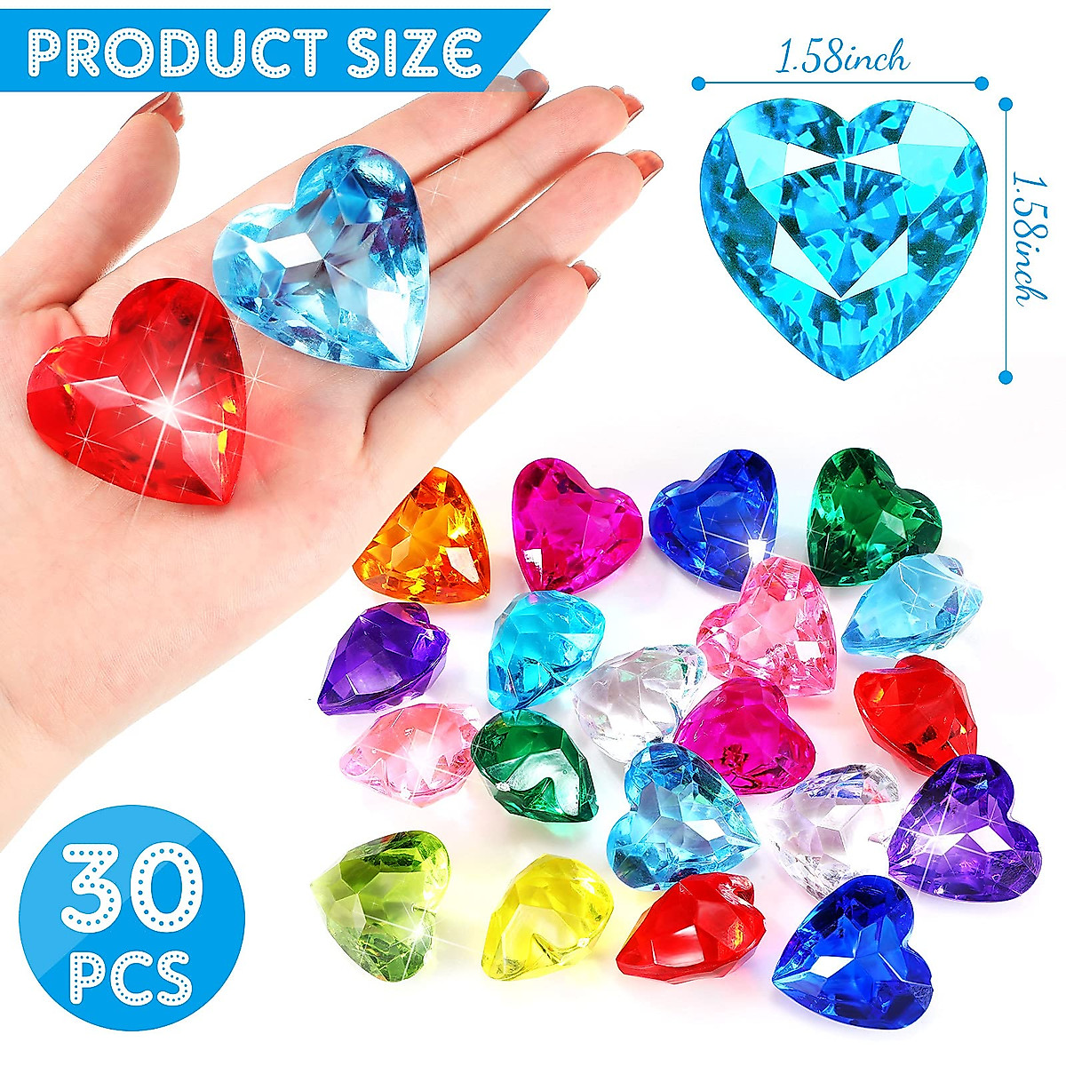 Hicarer Diving Gem Pool Toys Colorful Diamond Crystal Acrylic Heart Shape Gems Summer Underwater Swimming Pool Toys Swimming Training Gift for Kids Boys Girls Prize(30 Pieces)