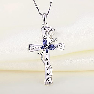 YL Butterfly Cross Necklace Sterling Silver Cubic Zirconia Rose Pendant Created Tanzanite Crucifix Jewelry for Women