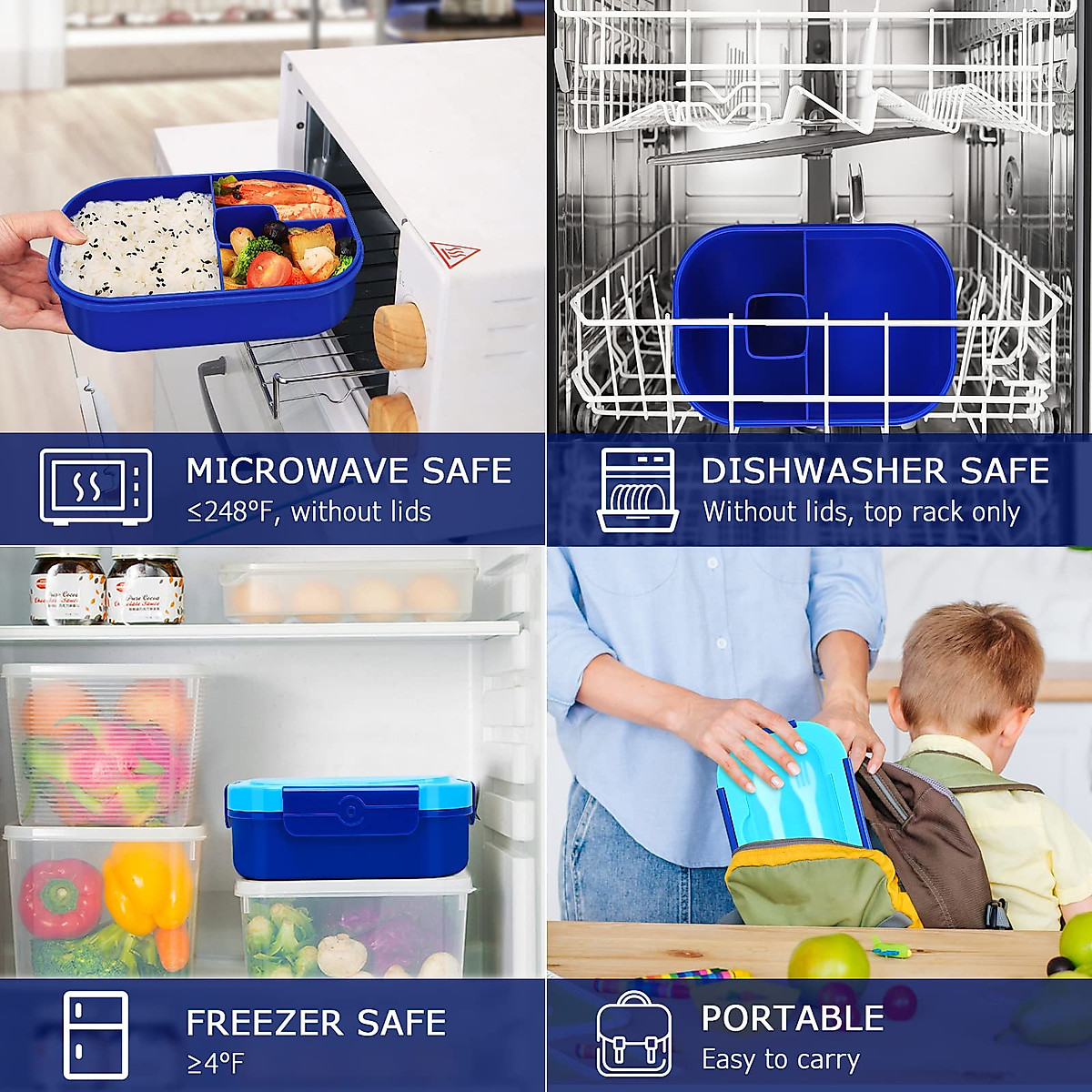 Lunch Box Kids, Bento Lunch Box for Kids Adult, Lunch Box Containers for Girls Boys Teen, 1300ML 4 Compartment Bento Box w/ Food Picks Cake Cups, Microwave/Dishwasher/Freezer Safe, BPA Free, Blue