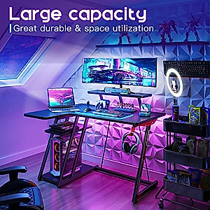 MOTPK Gaming Desk with Power Outlet, L Shaped with PC Shelf, Gaming Table Desk with Monitor Shelf, Gamer Desk with Carbon Fiber Texture, Desk Gaming Computer Desk, Black, 39 Inch