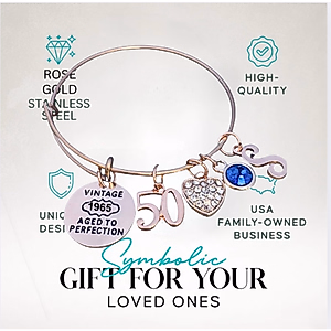 Personalized 60th Birthday Birthstone Charm Bracelet – Vintage 1965 Aged to Perfection Rose Gold Bangle – Elegant Gift for Women