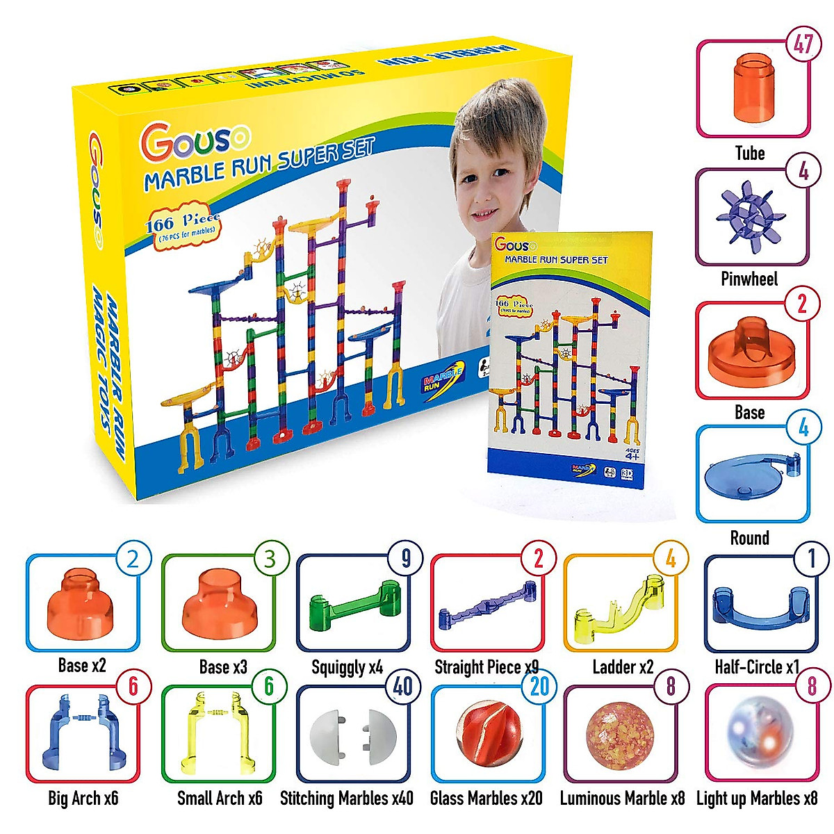 166Pcs Glowing Marble Run for Kids - Marble Maze & Building Block Brain Game STEM Toys Super Fun Gifts for Kids, Boys, Girls Age 4 to 12 (16 Glow in The Dark Marbles + 20 Glass Marbles)