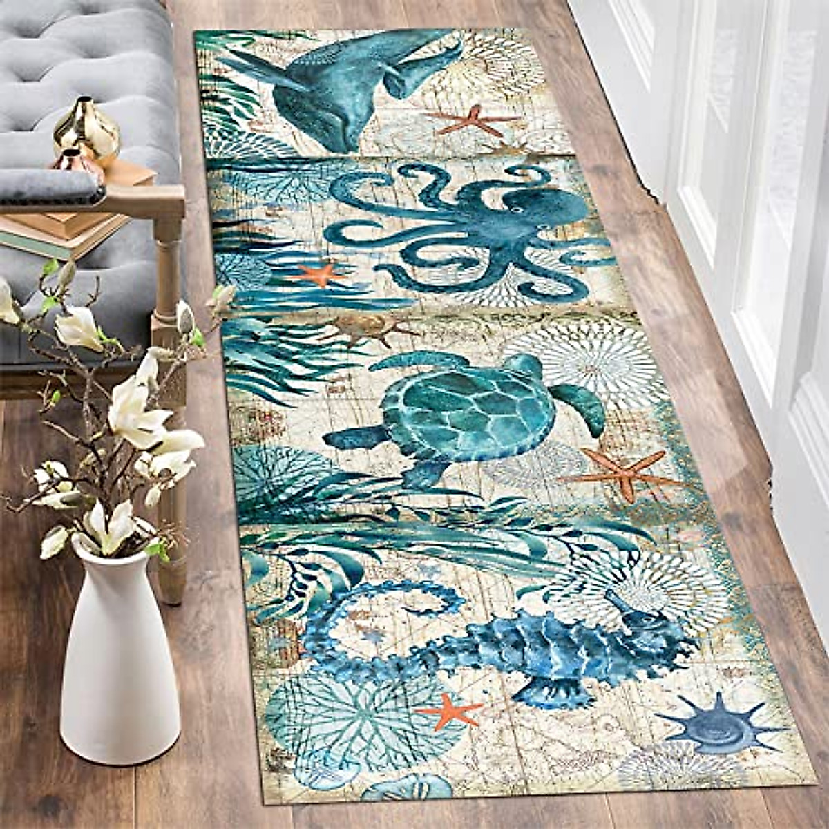 GUBIYU Ocean Animal Area Rug Tropical Beach Sea Turtle Octopus Rug Teal Non Slip Beach Bathroom Rug Coastal Runner Rug Washable Kitchen Rug Mat for Living Dining Dorm Room Bedroom Home Decor 23.6"x59"