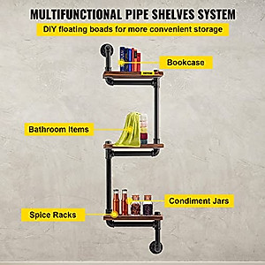 VEVOR Industrial Pipe Shelving, Pipe Shelves with 3-Tier Wood Planks, Rustic Floating Shelves Wall Mounted, Wall Shelf DIY Bookshelf for Bar Kitchen Bathroom Farmhouse Living Room, 9x12x43 inch