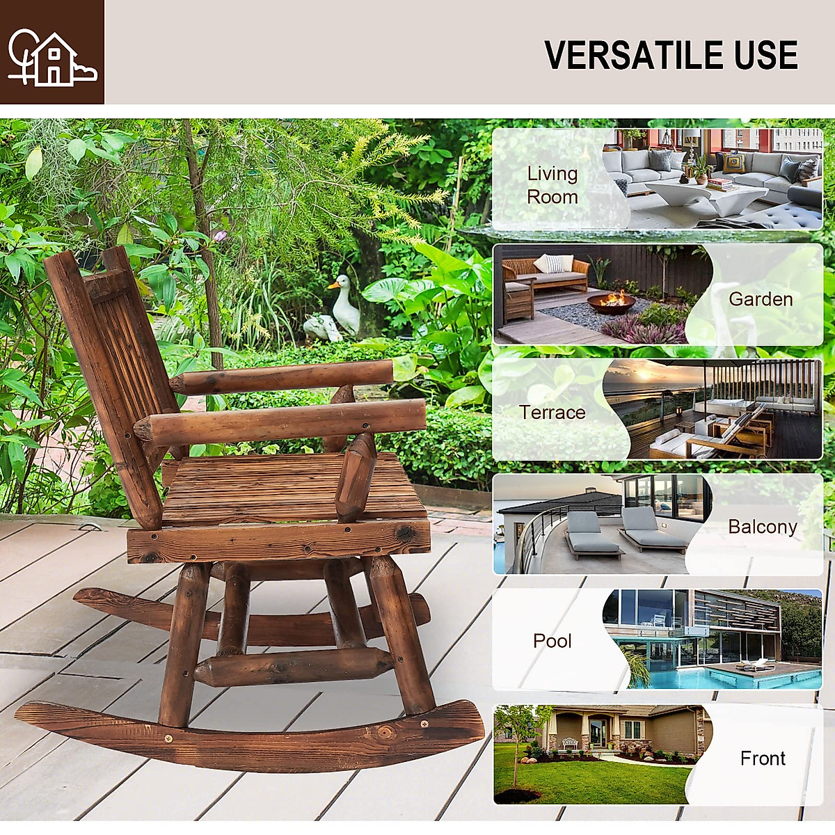 FURNDOOR Outdoor Wooden Rocking Double Chair, Rustic Log Porch Rocking Bench Rocker Chair for Patio, Backyard, Garden (2-Seat), Brown