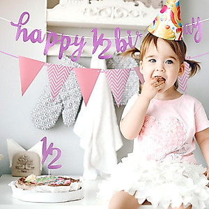 Happy 1/2 Birthday Banner Glitter Half Birthday 6 Months Happy Birthday Banner Happy Birthday Bunting Banner Birthday Party Decorations for Half Year Baby Shower, Pink