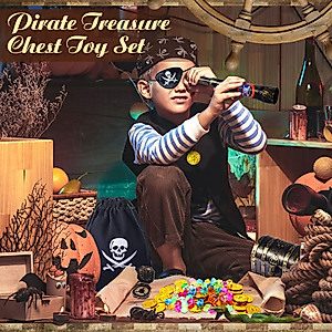 116 Pieces Pirate Treasure Toys, Pirate Treasure Box with Coins Jewels Gems and Pirate Map Compass Telescope for Boy Girl Halloween Cosplay Props Pirate Theme Party Decoration Favor (Cute Style)