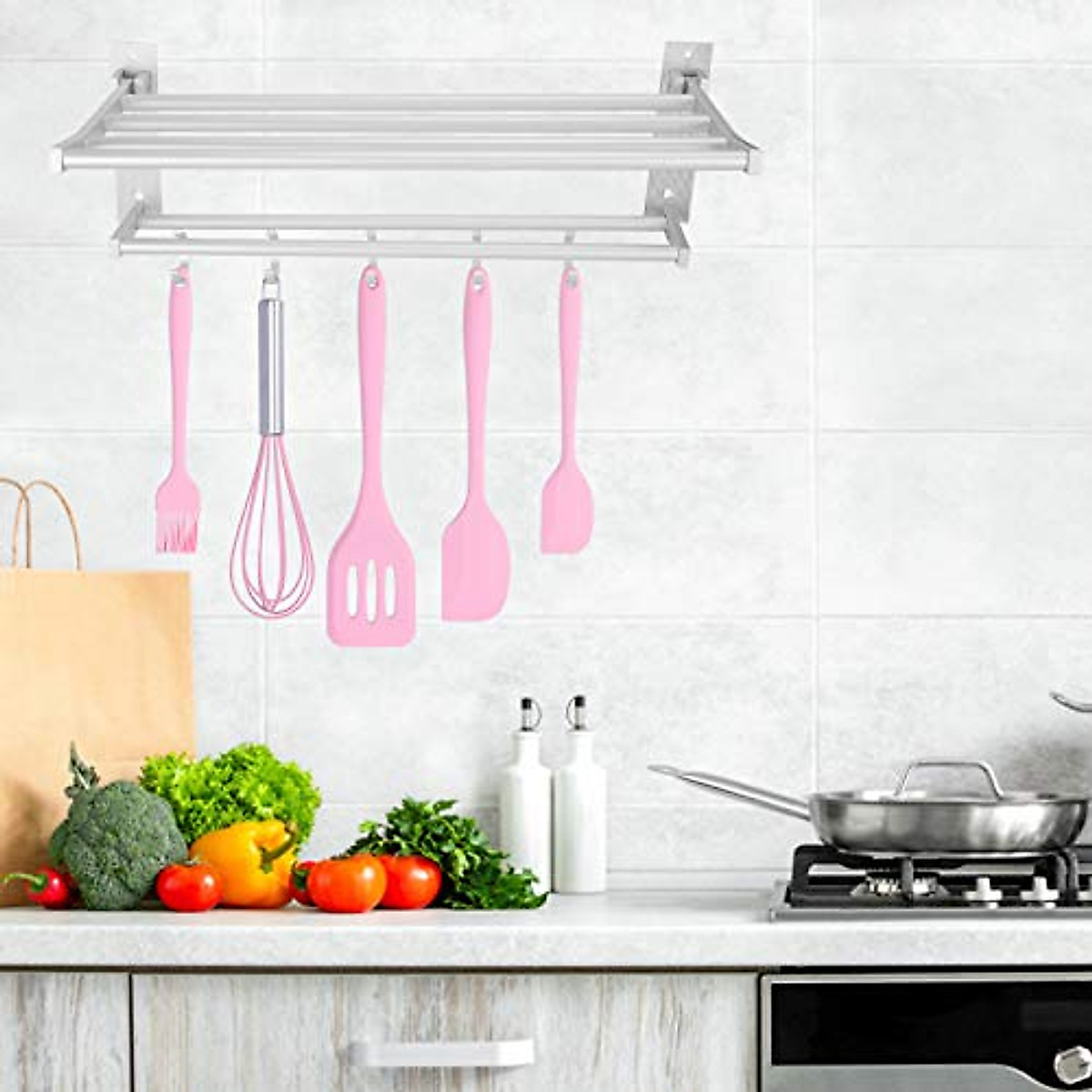 lesiega Towel Rack for Bathroom and Lavatory Double Towel Bar Holder with Hooks Wall Mounted Multifunctional Foldable 2-Tier Shelf Ideal for Kitchen Lavatory Bathroom, 15.7in