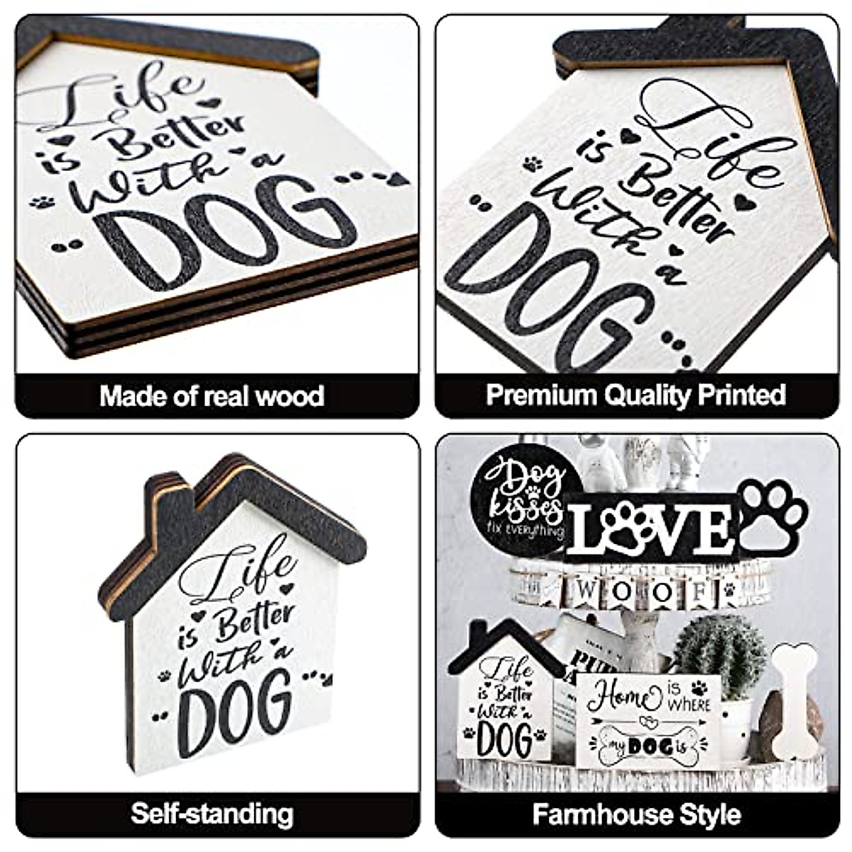 12 Pcs Tiered Tray Decor Set Wooden Dog Cat Christmas Tray Decor Rustic Farmhouse Paw Bone Farm Decoration Mini Wood Signs for Kitchen Home Table Housewarming Xmas Gift (Stylish Style)