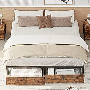 LIKIMIO Bed Frame King, Metal Platform Bed with 2 Industrial Wood Storage Drawers and 12 Strong Steel Slats, No Box Spring Needed/Easy Assembly/Noise-Free/Space-Saving