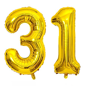40 inch 31 Number Balloon 31 Birthday Balloons Digit 31 Helium Balloons Giant Balloon Alphabet Foil Balloon for Birthday Party Supplies Wedding Bachelorette Bridal Shower, Gold Mylar 31 Balloon