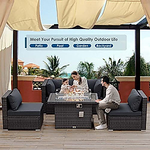 NICESOUL Large Size 5Pcs Patio Sectional Furniture Set with Firepits Outdoor High Back Conversation Sets with Gas/Propane Fire Pit Table Luxury Modular Sofa Set for Balcony Yard Garden