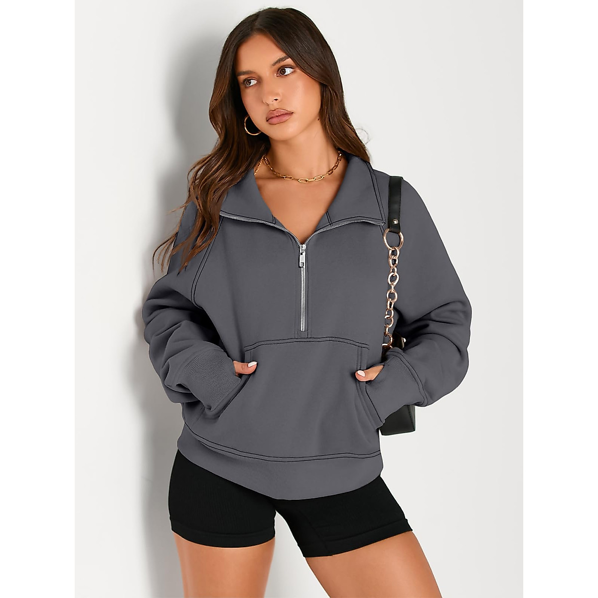 AUTOMET Womens Sweatshirts Half Zip Cropped Pullover Fleece Quarter Zipper Hoodies 2025 Fall Fashion Outfits Clothes DarkDrey X-Large