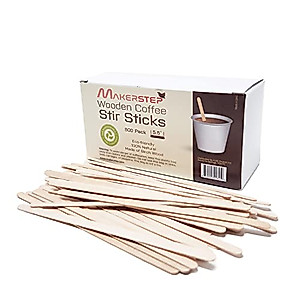 Makerstep 500 Wooden Coffee Stirrers 5.5 Inch with Storage Box, Sturdy Natural Birch Wood Coffee Stir Sticks. Eco-friendly, Splinter Free, Round Ends. BPA Free Swizzle Drinks Sticks