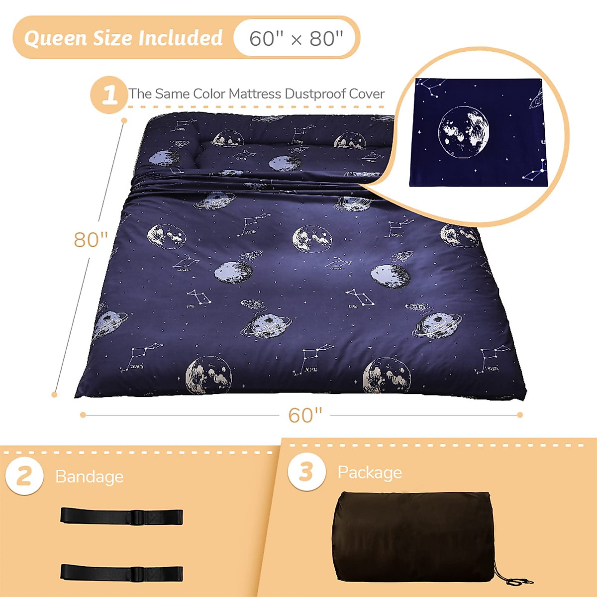 Navy Space Adventure Japanese Floor Futon Mattress, Thicken Tatami Mat Sleeping Pad Foldable Bed Roll Up Mattress Floor Lounger Bed Couches and Sofas for Kids Queen Size