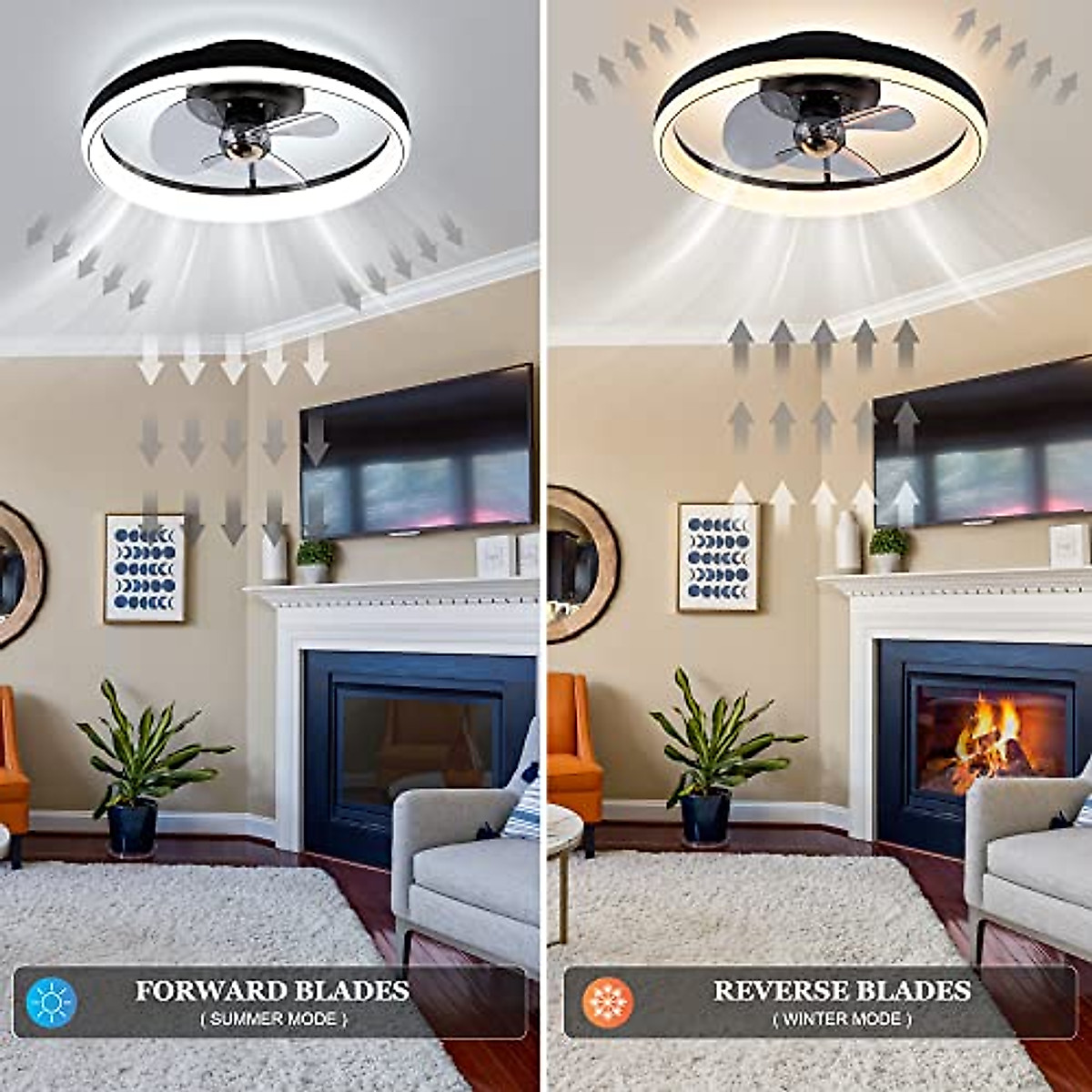 Sunny Hawaii Modern Ceiling Fans with Lights and Remote, 19.7in Dimmable LED 6 Speeds Reversible Blades Timing Indoor Low Profile Ceiling Fan Semi Flush Mount with Remote Control(black)