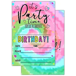 Birthday Party Invitation Cards for Teens, Tie Dye Party, Party Invitation for Girls Boys, Party Celebration for Kids, Personalized 20 Cards With 20 Envelopes – A002