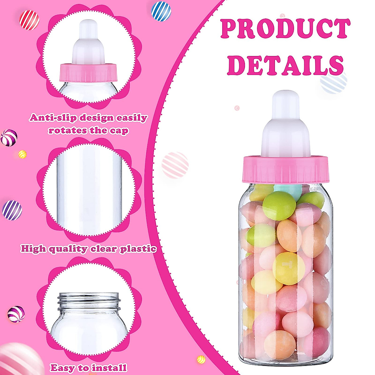 60 Pcs 4 Inch Baby Mini Milk Bottle Baby Shower Favor Fillable Feeding Bottle Candy Box Small Plastic Candy Bottle DIY Gift for Boy Girl Newborn Baptism Party Decor (Pink)
