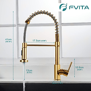 FVITA Polished Gold Kitchen Faucet with Pull Down Sprayer,Lead-Free Solid Brass 16.1'' Kitchen Sink Faucet Single Handle Spring Swan Neck Faucet High Arc Single Hole Faucet for Kitchen Sink