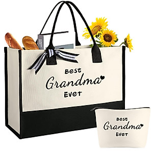 Grandma Gifts Christmas, Embroidery Can-vas Tote Bag w Makeup Bag Inner Pocket Gifts Box Card Set for Women, Gifts for Grandma, Grandma Bag, Personalized Grandma Birthday Gifts, Best Grandma Ever