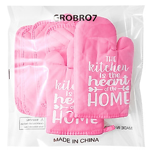 GROBRO7 6Pcs Funny Oven Mitts Pot Holders The Kitchen is The Heart of The Home Heat Resistant Hot Pad Machine Washable Gloves with Hanging Loop Pocket Pot Holder for Baking Cooking Pink