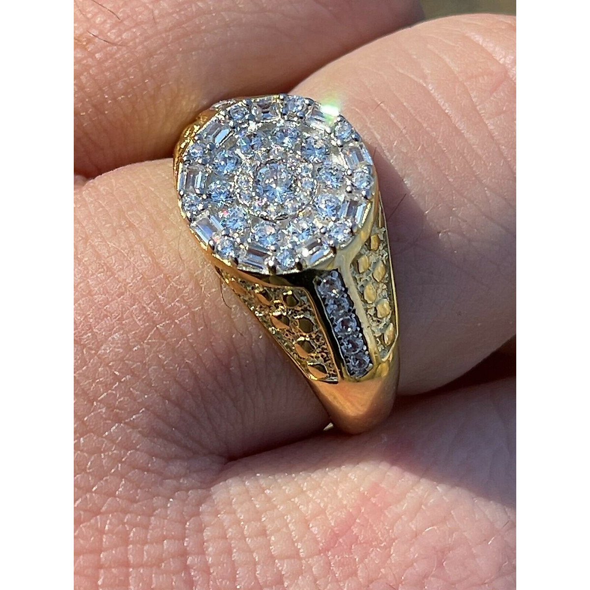 Iced CZ Nugget Ring - Men's 14k Gold Over Real 925 Sterling Silver Ring - Micropave Baguette Ring - Pinky Or Any Other Finger Ring (11)