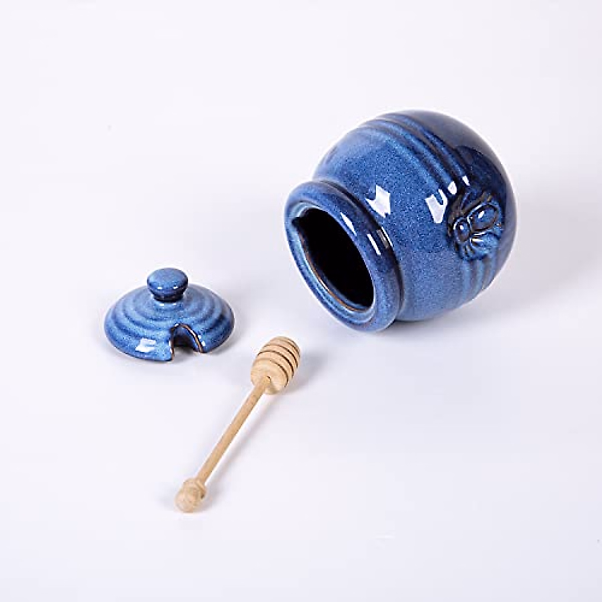 Cutiset Ceramic Honey Pot with Lid and Dipper, 20oz rustic Honey Jar (Blue)